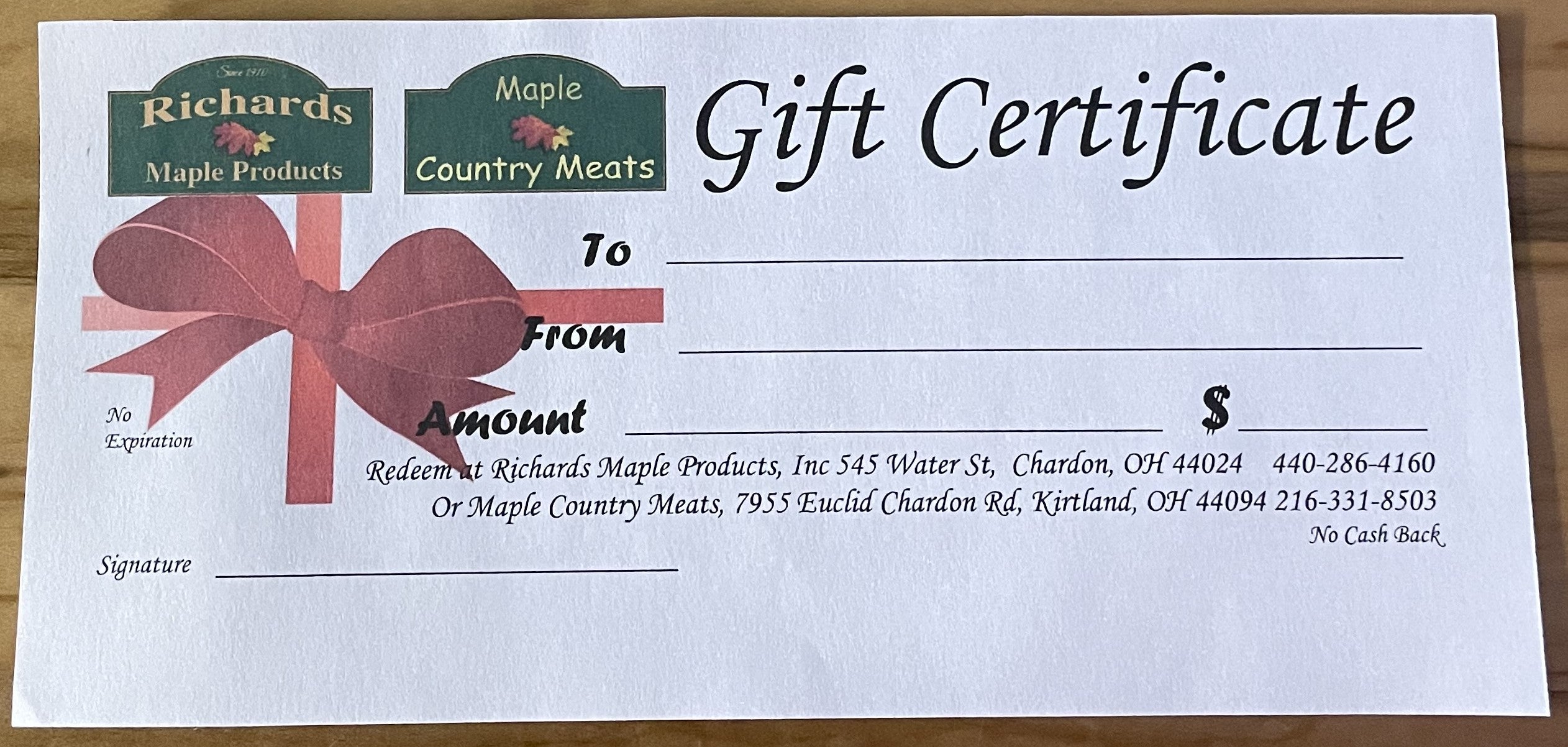 Physical Gift Certificate – Richards Maple Products